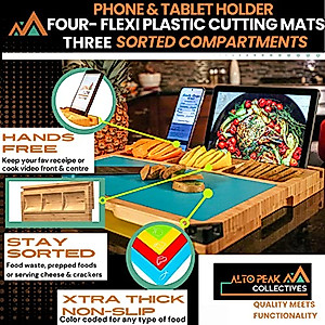 ALTO-PEAK COLLECTIVES–100%Extra-Large Bamboo Wood Prep Cutting Board for Kitchen-4 Plastic Flexi Mats–Beautiful Wooden Charcuterie boards w/handles & 3 deep-compartments-Chopping Board-cell/iPad stand