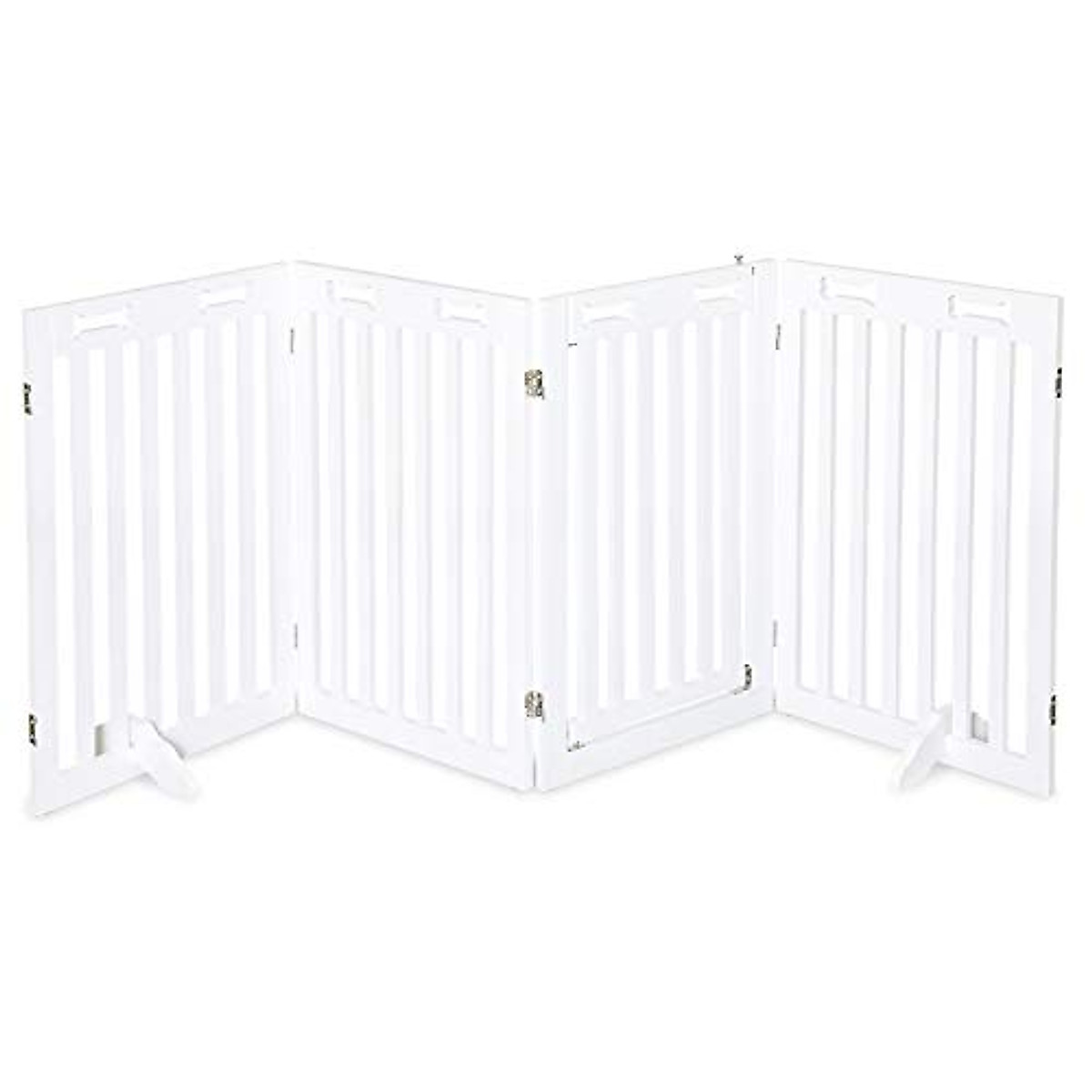 Arf Pets Freestanding Dog Gate with Door, 4 Panel 360° configurable Wooden White Fence, 80" Wide, 31.5" Tall, Foldable, Set of Foot Supporters Included, for The House - Indoor Use