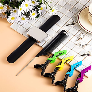 8 Pieces Hair Sectioning and Braiding Set - 6 Styling Clips, 2 Rat Tail Combs, Ring, and Magnetic Wristband Holder (Black)