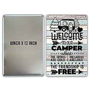 QIONGQI Funny Welcome to Our Camper Metal Tin Sign Wall Farmhouse Rustic Camping Signs for Home Garage Men Cave Decor Camper Gifts