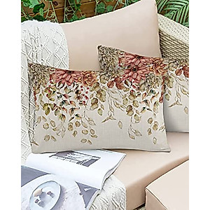 Outdoor Pillow Covers for Patio Furniture 20x12 inch 2PCS, Rectangle Waterproof Garden Cushion Vintage Eucalyptus Leaves Dahlia Farmhouse Throw Pillow Cover Shell for Sofa Couch Bench Seat