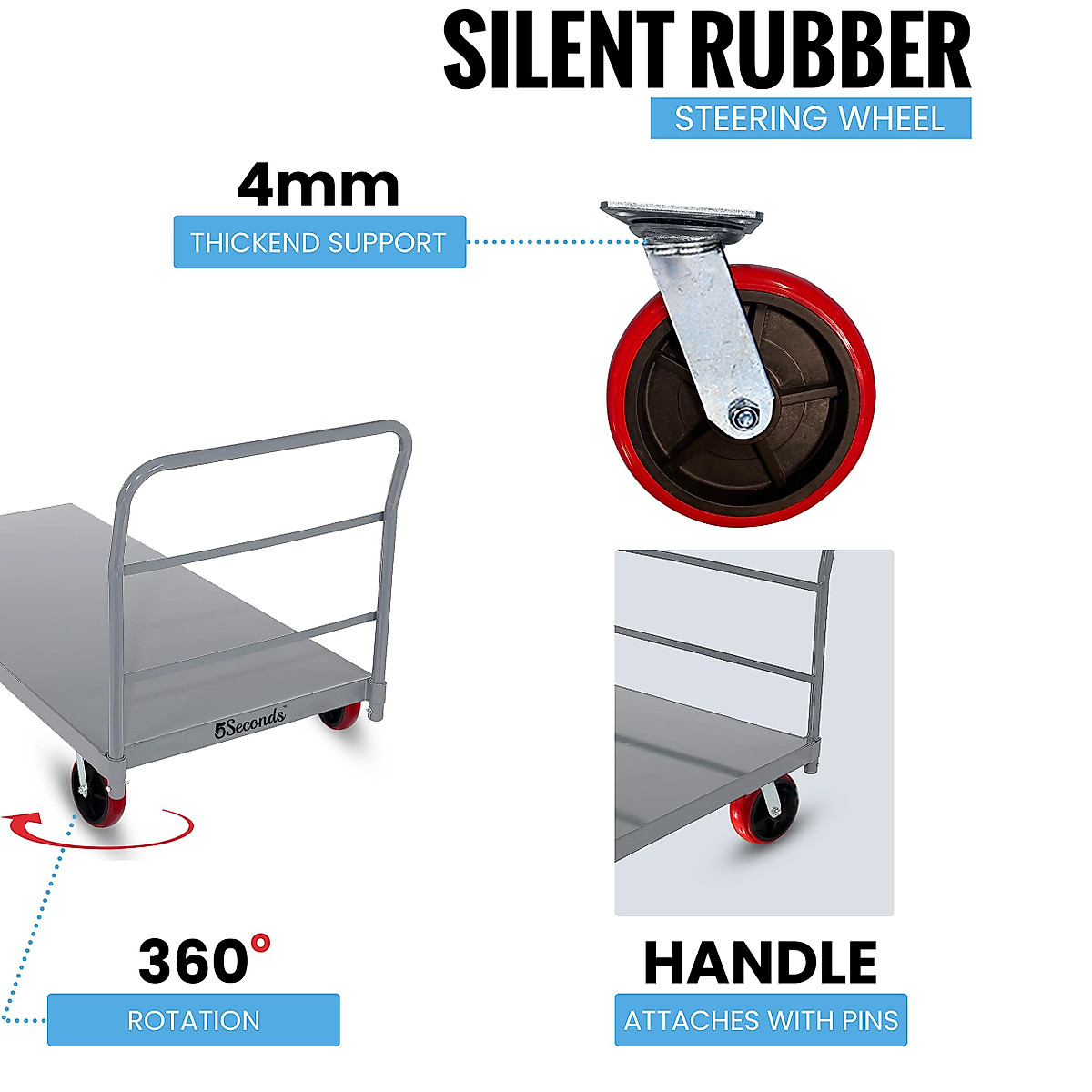 5Seconds Flatbed Platform Cart Industrial Dolly Cart Heavy Duty 60” x 30” Platform Hand Truck Push Cart Super Heavy Duty Flatbed Cart with 3000Lb Capacity 8'' Swivel Wheels Commercial Moving Cart