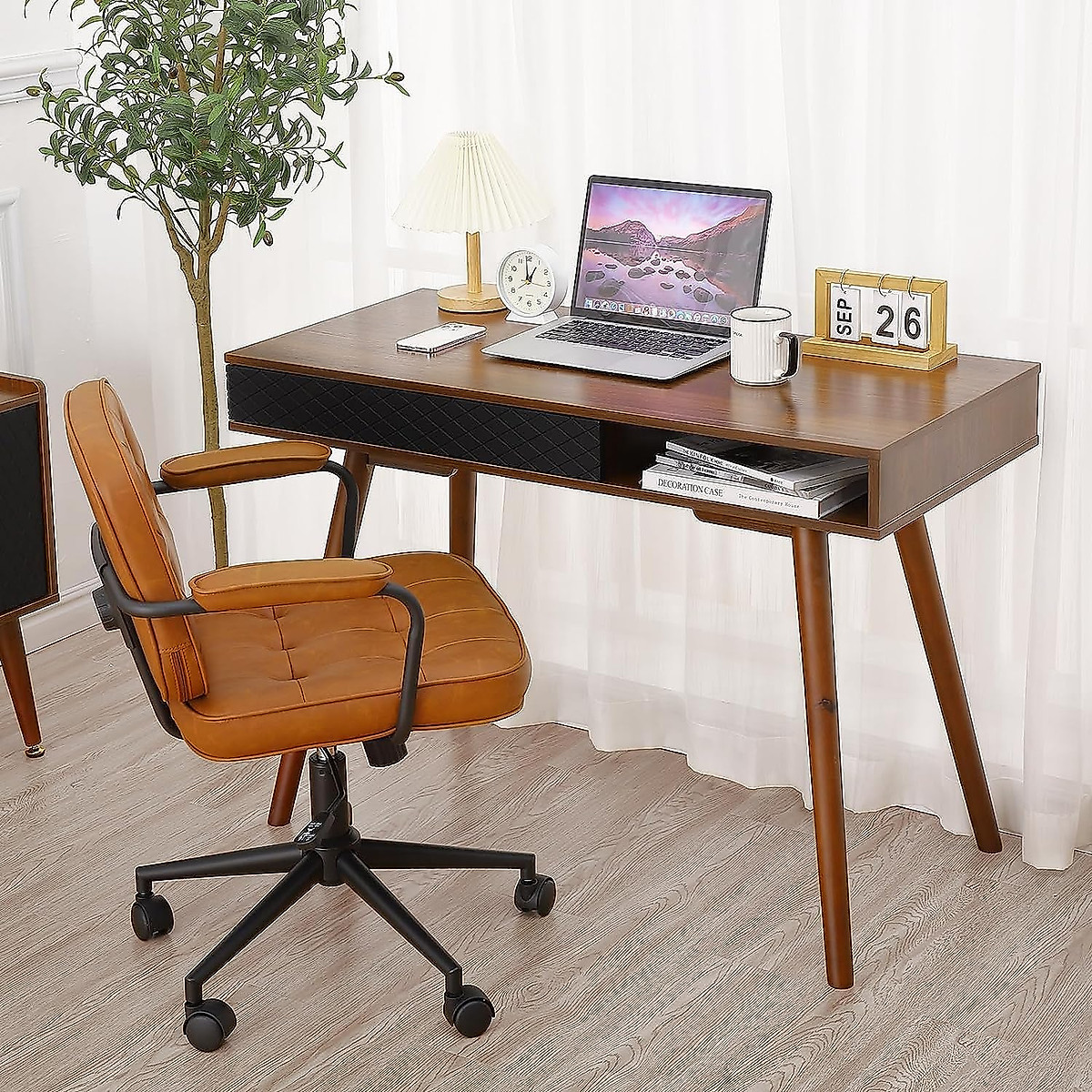GAOMON Modern Home Office Writing Desk, 42 Inch Computer Table Desk with Drawers, Simple Mid Century Modern Desk, Walnut