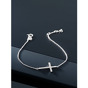 Gem Stone King Solid 10K White Gold 0.5 Inch White Diamond Cross Tennis Bracelet Fits 6.5 Inches Religious Jewelry For Women