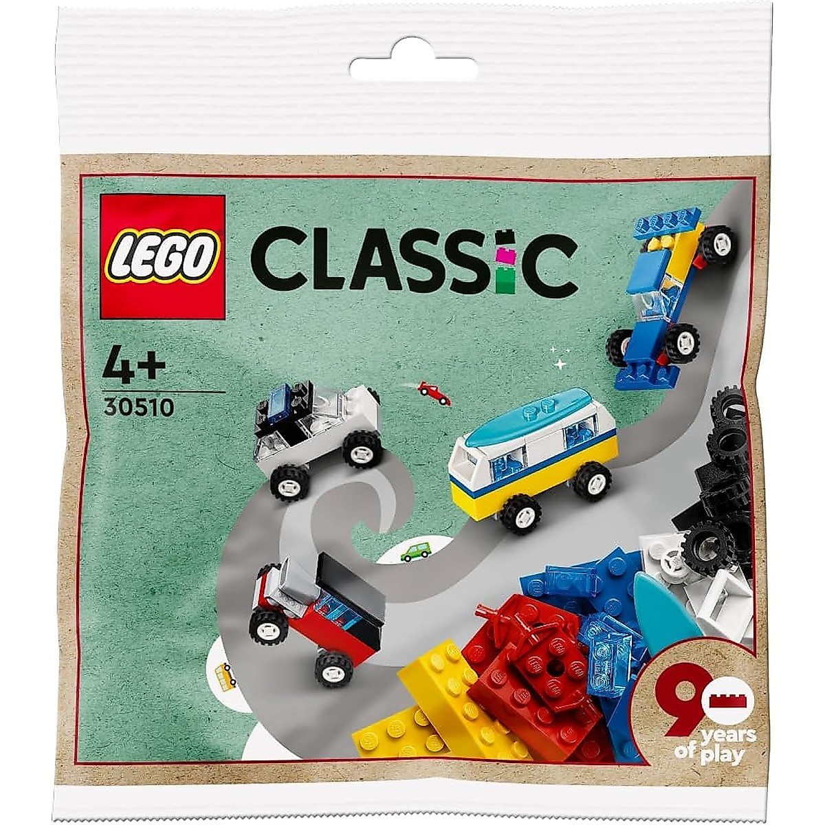 LEGO Classic 30510 90 Years of Cars 71 Piece Iconic Cars Toy Set Polybag with 4 Mini Build Cars for Builders Aged 4 and Up, Multicolor