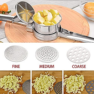 Potato Ricer Stainless Steel Potato Masher, Food Ricer, Fruit and Vegetables Press with 3 Removable and Interchangeable Discs, Manual Masher Ricer Kitchen Tool