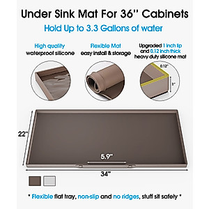 Kitchen Under Sink Mats Waterproof - 34" x 22" Non-Slip Silicone Bathroom Cabinet Drip Tray, Raised Edge Hold up to 3.3 Gallons Liquid Protector for Drips Leaks Spills Liner with Tub Stopper (Brown)
