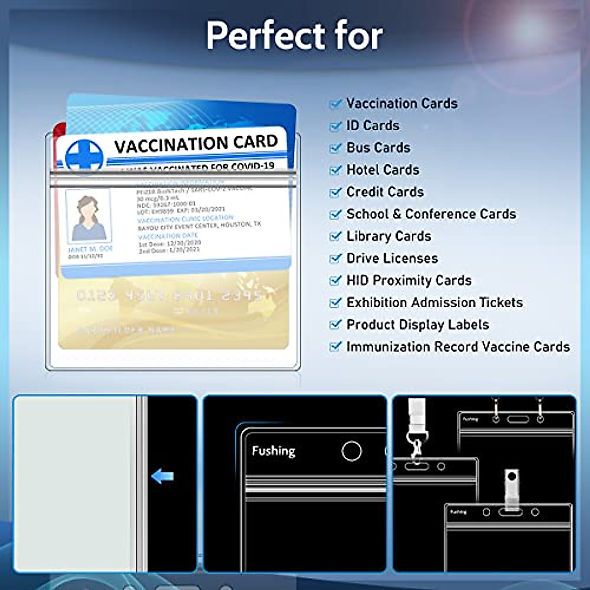 Fushing 20Pcs Extra Thick ID Badge Holders, Exclusive Double-Deck 3x4 Clear Plastic Horizontal Name Tag Badge ID Card Holders, Single Layer Thickness 0.4mm Thicker 60% Than Standard 0.25mm