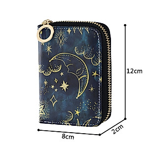Gold Sun Moon Golden Soleil Cosmos Astrology on Dark Blue Pattern Credit Card Coin wallet, Key Change Organizer Zipper Purse Compact Clutch Pouch Pocket, RFID Blocking Women Leather Card Holder