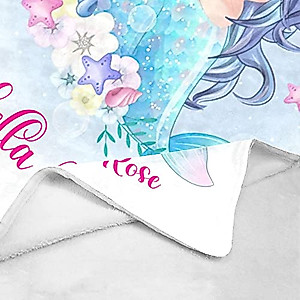 Custom Blanket Personalized Cute Mermaid and Fish Soft Fleece Throw Blanket with Name for Gifts Sofa Bed (50 X 60 inches)