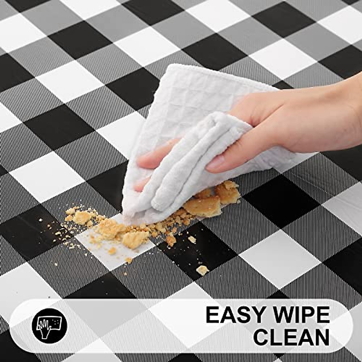smiry Rectangle Table Cloth Cover, Elastic Waterproof Fitted Vinyl Table Covers for 6 FT Tables, Flannel Backed Buffalo Plaid Tablecloth for Picnic, Camping, Outdoor (Black and White, 30 x 72 Inches)