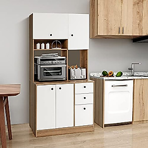 Giantex Kitchen Pantry, Buffet Hutch with 3 Storage Cabinet, 71'' Floor Large Cupboard with 3 Deep Drawers, Wide Countertop, Adjustable Shelves, Tall Sideboard (White & Natural)