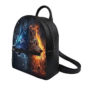 JooMeryer Wolf Fox Printed Mini Backpack Purse for Mens Boys Kids Teens Small Shoulder Bags Daypack School Bag Handbag,Fire Ice Wolf