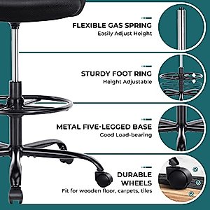 SMUG Tall Drafting, Standing, Counter Office, High Adjustable Ergonomic Mesh Computer Task Chairs with Lumbar Support, Armrests and Foot-Ring for Bar Height Desk, Black