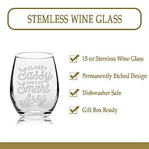 Veracco Classy Sassy And A Bit Smart Assy Funny Birthday Gift For Wine Lover Party Favor Laser Angraved Stemless Wine Glass (Clear, Glass)