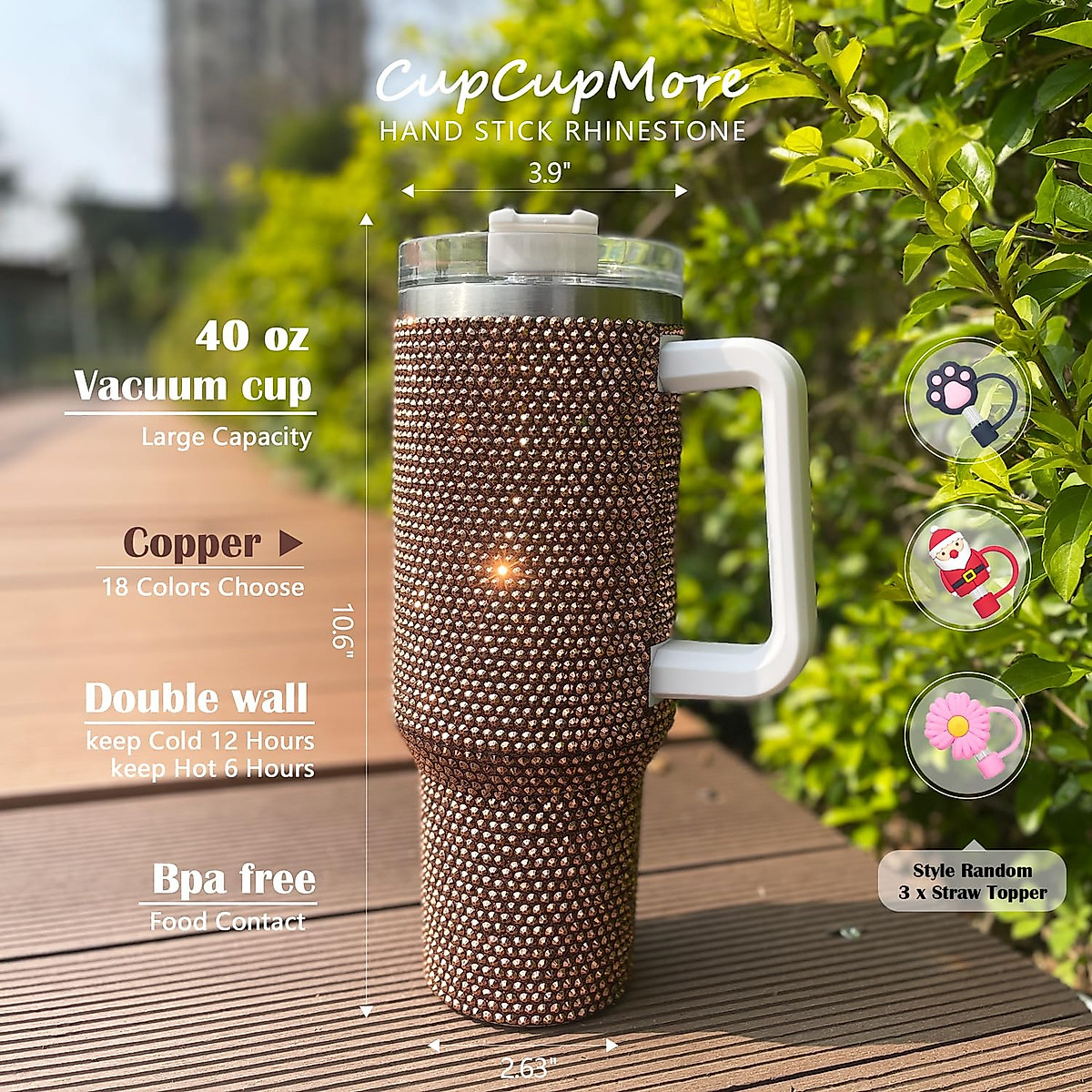 Cupcupmore 40oz Copper Bling Rhinestone Stainless Steel Sippy Tumbler Glitter Vacuum Insulated Water Bottle with Straw & Lid &Handle,Thermos for Hot & Cold Drinks,Car Cup Holder,Coffee
