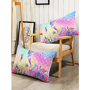 Datura home Bedding Comforter Set Rainbow Pink Mermaid Tail Printed Pattern Quilt with 1 and 2 Pillowcases for Girls Bedroom All Season(Rainbow Full) Full 80x90inches
