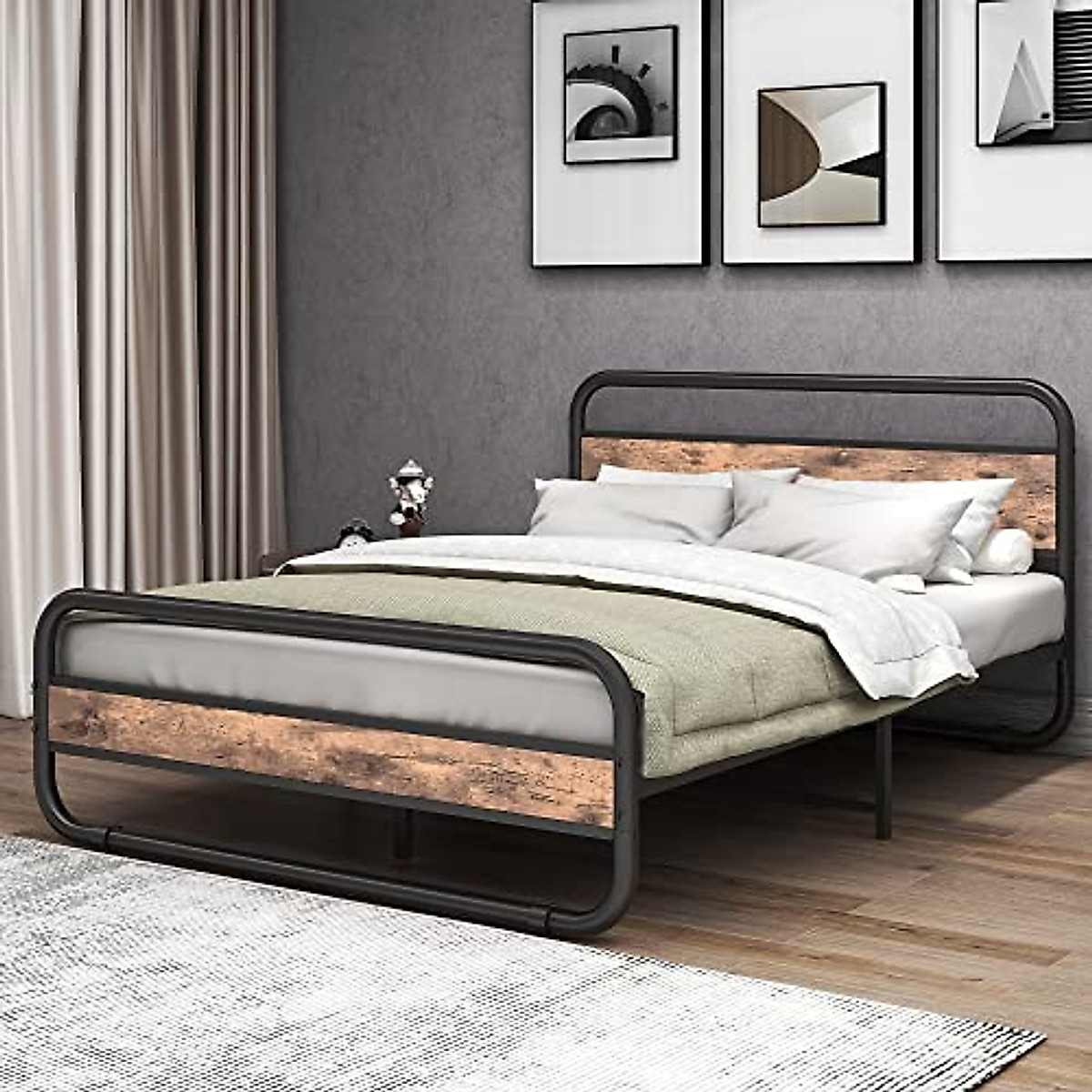 Albearing Queen Size Bed Frame with Wooden Headboard and Footboard, Heavy Duty Oval-Shaped Platform Bed with Under-Bed Storage, Steel Slats Mattress Foundation Round Pipe Design，Brown