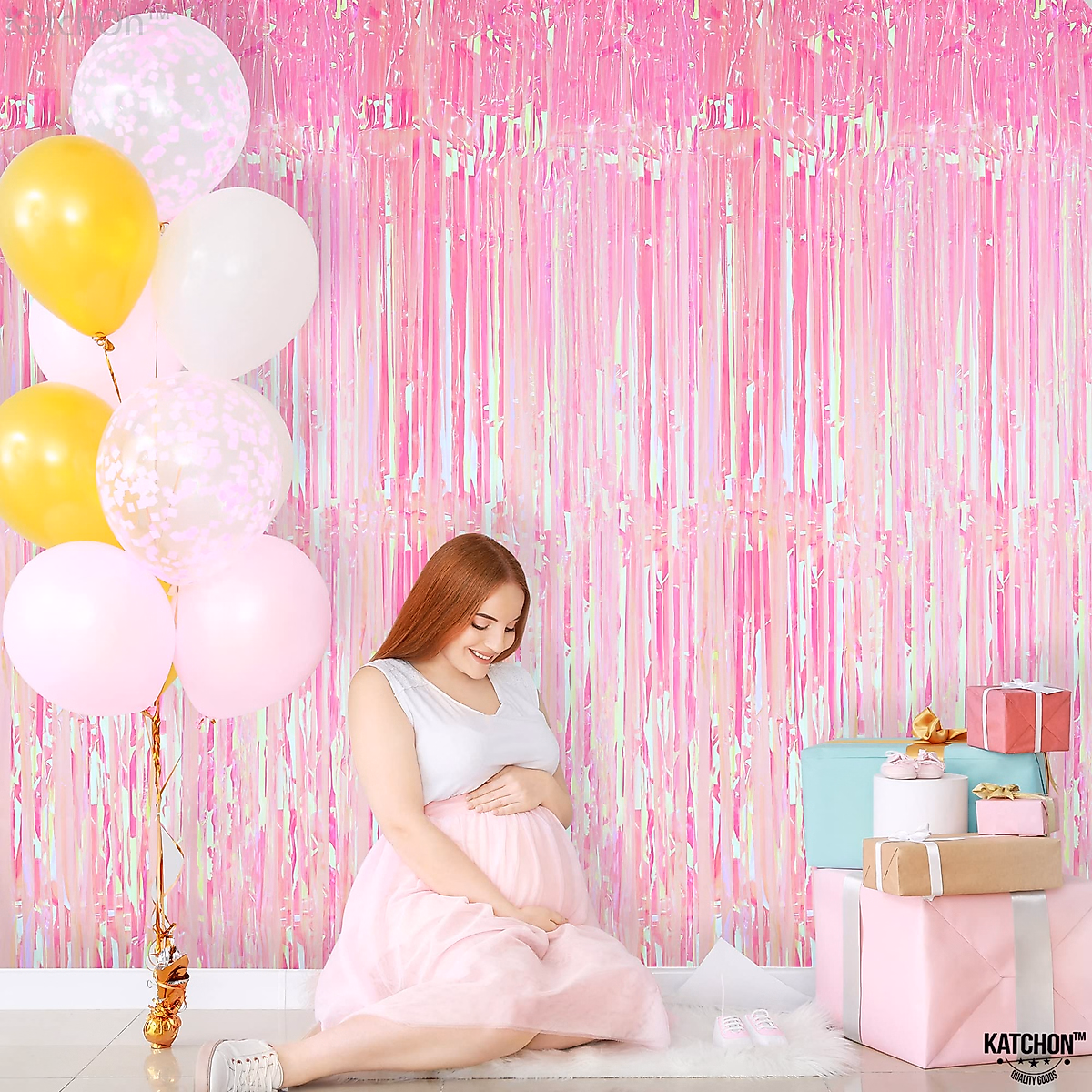 KatchOn, XtraLarge Pink Iridescent Fringe Curtain - 3.2x8 Feet | Iridescent Backdrop for Iridescent Party Decorations | Pink Birthday Decorations | Pink Fringe Backdrop for Pink Party Decorations