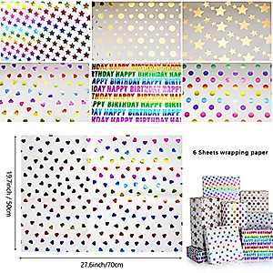 Gift Wrapping Paper Birthday, 6 Sheets Metallic Foil Wrapping Paper Set Colorful Gold Heart Dots Star Happy Birthday Wrapping Paper for Women Men, Gift Wrapping Paper for Any Occasions, 27x19 Inches