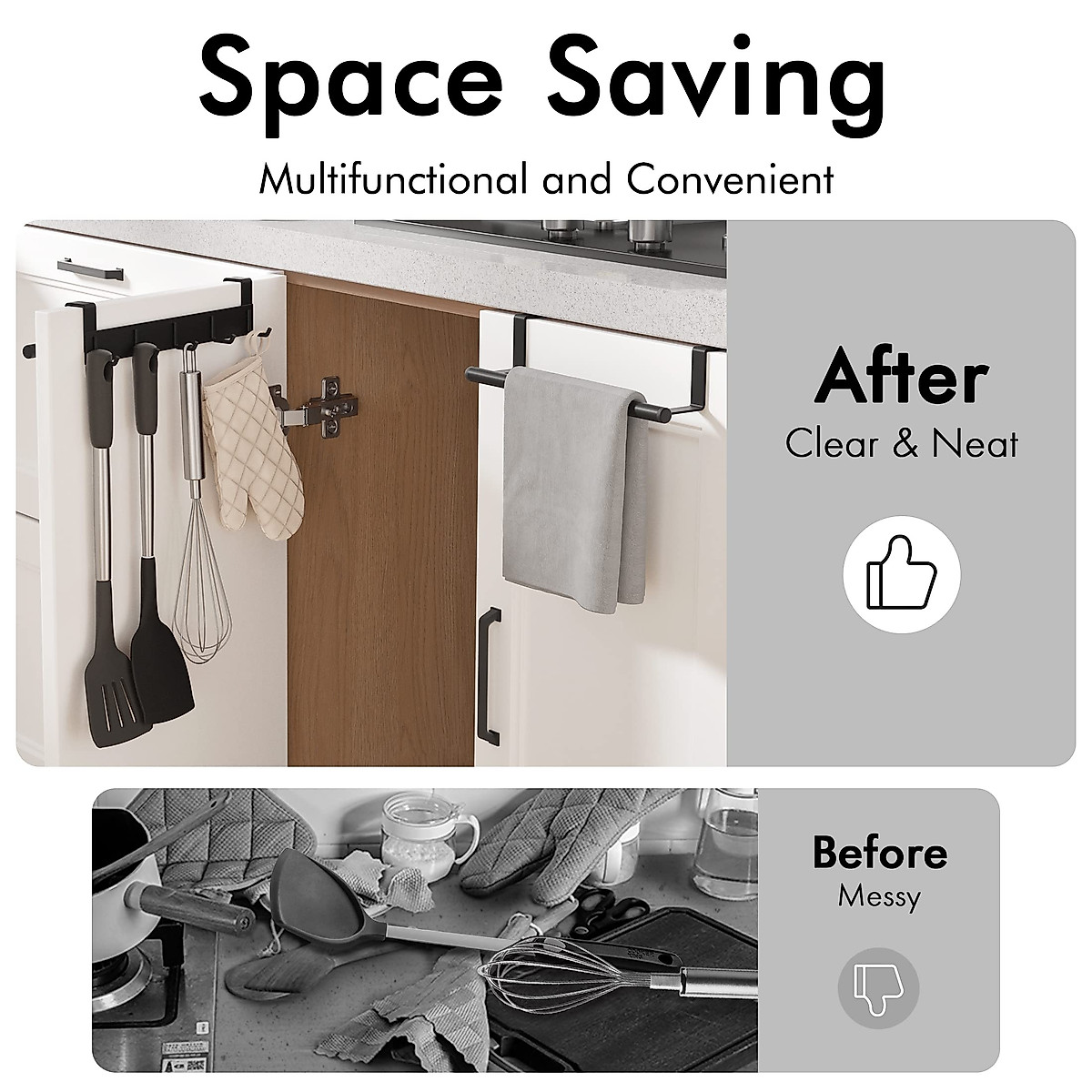 KES Over The Cabinet Door Organizer with Towel Bar, Cutting Board Organizer Cabinet Door, Cutting Board Holder with Towel Holder Matte Black, KUR521-BK