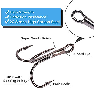 UCEC Fishing Hooks Treble Hooks Kit for Saltwater Freshwater, High Carbon Steel Hooks Strong Sharp Round Bend for Catfish Trout Hard Baits Lures Fishing, Size 2# 4# 6# 8# 10#, 50pcs/Box