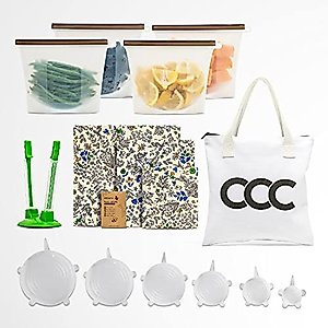 Reusable Silicone Food Storage Bags Bundle, 15 Pack | Includes 35oz Medium Food Preservation Bags set of (4), Beeswax Wrap Set of (3), Silicone Stretch Lids Set of (6), Bag Holder & Cotton Storage Bag as Packaging
