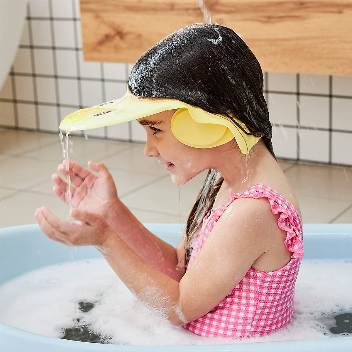 Baby Shower Cap Shampoo Visor Shield hat Kids Bath Washing Hair Rinser Prevents Water from Pooling in Face for Protector Toddler Children(Yellow)