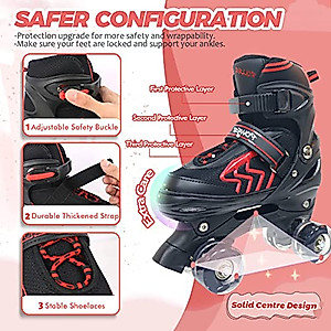 HXWY Kids Roller Skates for Boys Girls Child, Adjustable 4 Sizes Roller Skates for Kids and Youth with Light Up Wheels, Quad Black & Red Roller Skates for Sports (Little Kid 11J-1)