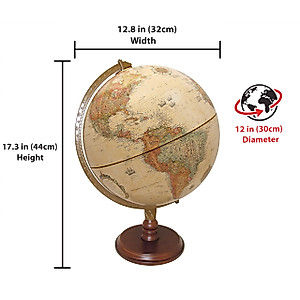 Replogle Lenox, 12"/30cm diameter Antique Style, Desktop Globe, Classic World Globe with up-to-date Cartography, Made in USA