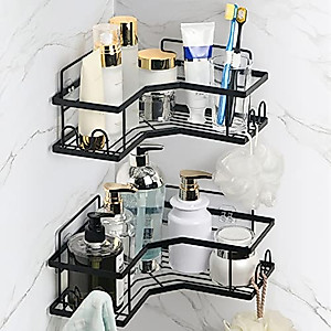 HappyHapi 2 Pack Corner Shower Caddy,No Drilling Strong Adhesive Shower Organizer Shelf Waterproof Rustproof Wall Mounted Shower Shelf with 8 hooks for Bathroom, Toilet, Kitchen, and Dorm