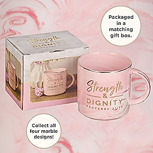 Christian Art Gifts Marble Ceramic Coffee & Tea Mug w/Gold Trim, 13 oz Encouraging Bible Verse for Women: Strength & Dignity - Proverbs 31:25 Lead-free Novelty Drinkware, White/Pink Swirl