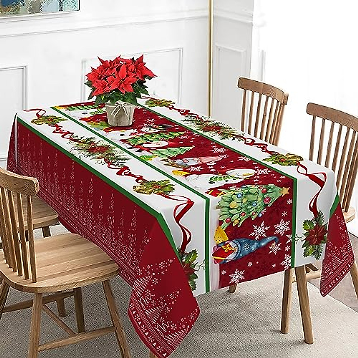 Round Christmas Tablecloth, Christmas Poinsettia Table Cloth Round 70 Inch, Christmas Tree Snowman Table Cloths with Gnomes Santa Claus Circle Table Cover Holiday Decor Gifts for Dining Room Indoor