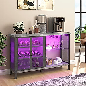 SOSPIRO Liquor Bar Cabinet with LED Lights, Industrial Wine Bar Cabinet with Wine Rack and Adjustable Shelves, Steel Coffee Bar for Home Dining Living Room Furniture, Grey