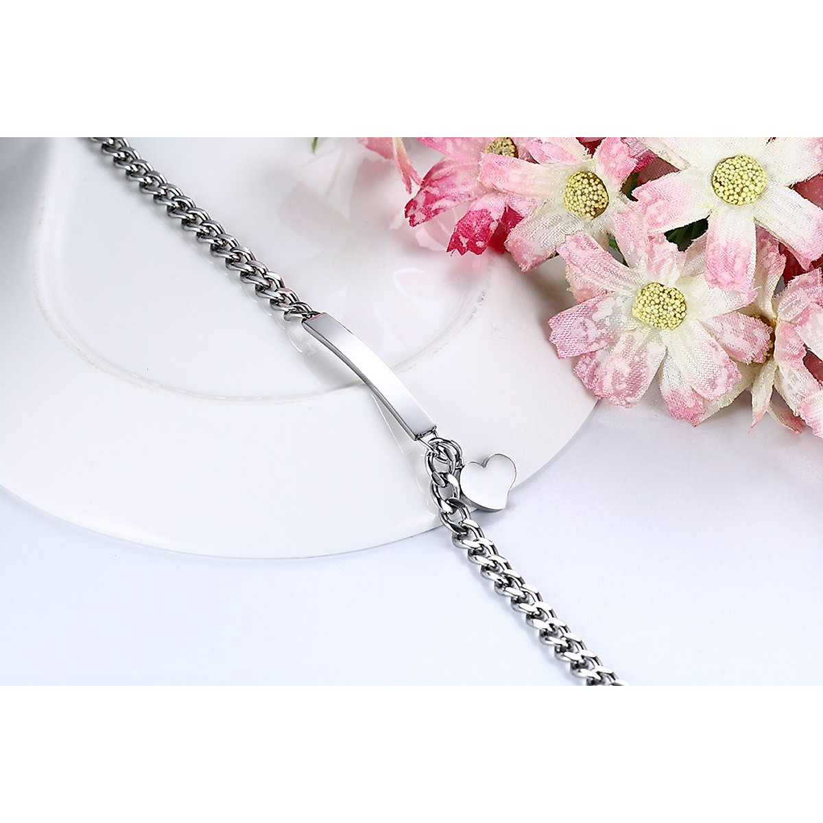 VNOX Custom Engraved Personalized ID Tag Stainless Steel Bar Bracelet with Heart Charm for Women,8.0"