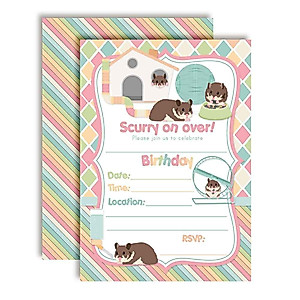 Pet Hamster Themed Birthday Party Invitations for Kids, 20 5x7 Fill In Cards with Twenty White Envelopes by AmandaCreation