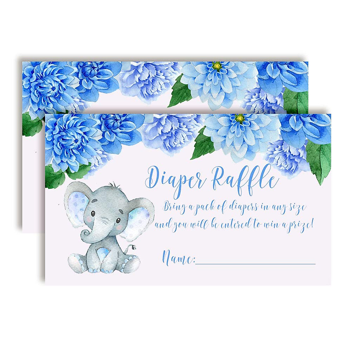 Amanda Creation Watercolor Dahlia Floral Elephant Diaper Raffle Tickets for Boy Baby Showers, 20 2" X 3” Double Sided Inserts, Bring a Pack of Diapers to Win Favors & Prizes!