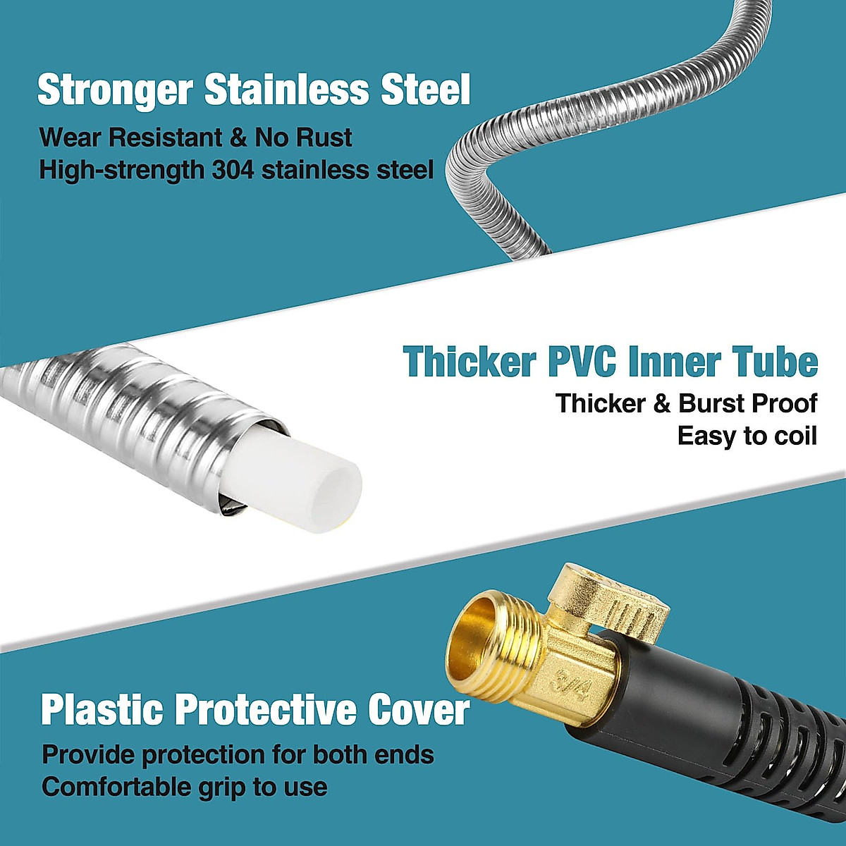 GREENER 50FT Metal Garden Hose, Easy Handle Stainless Steel Hose Heavy Duty Water Hose with Brass Swivel Spout, Lightweight, Easy to Coil, Kink Free, Rust Proof Hose for Yard