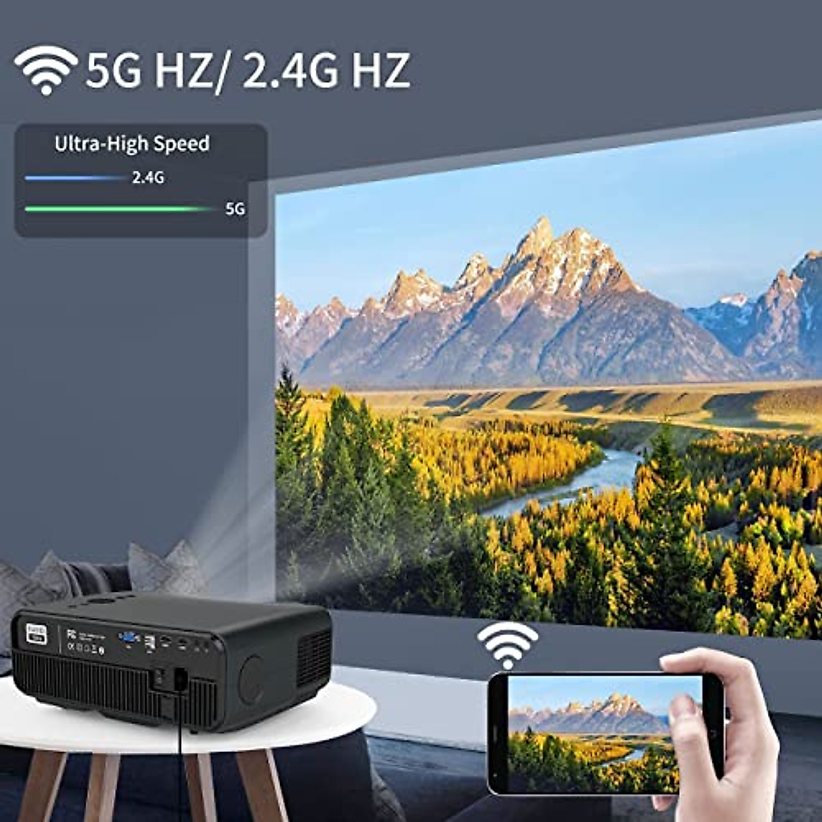 5G WiFi Projector Native 1080p Bluetooth Smart Projectors 4K Supported, 10,000 High Lumen & 300'' Display Projector Indoor Outdoor Movie Party Office, Compatible with Android/iOS/Laptop/DVD/TV Stick