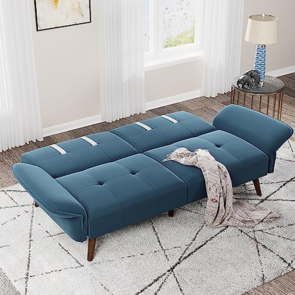 JAMFLY 69'' Velvet Futon Sofa Bed, Convertible Futon Couch Sleeper Sofa with Adjustable Armrests and Backrest, Modern Loveseat Sofa for Living Room, Bedroom…
