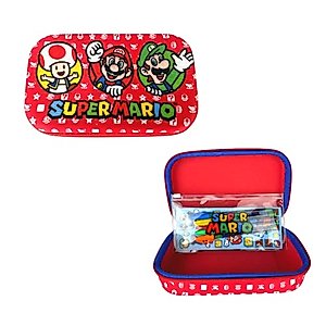 Innovative Designs Super Mario Pencil Case Set with Stickers and Gel Pens for Kids, Molded with Zip Closure, Red