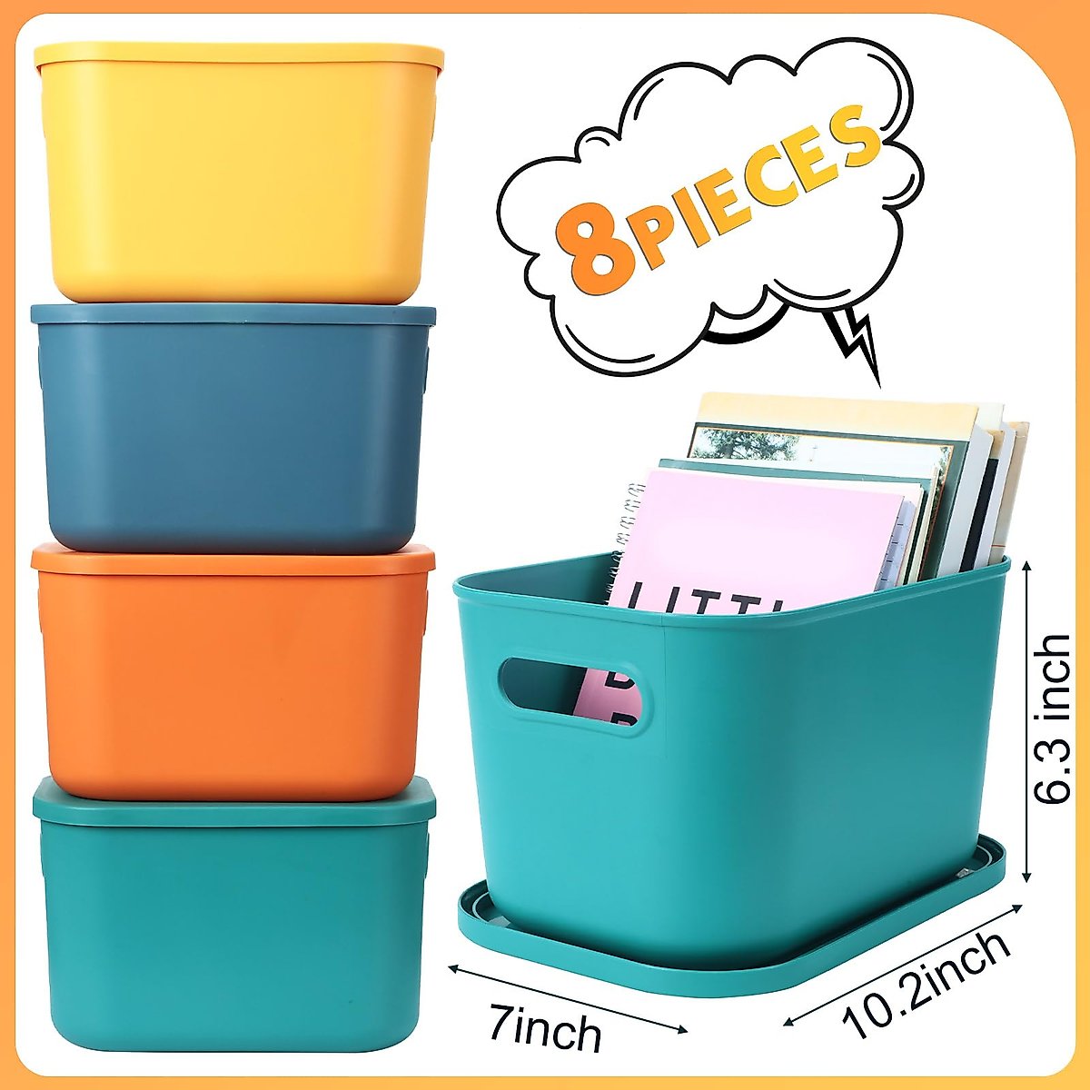 Hoolerry 8 Pieces Colorful Storage Bins with Lid and Handle, Plastic Stackable Baskets Desktop Cube Box Cubby Bins Containers for Shelf Cabinet Bedroom Office (Multi-colored,10.2 x 7 x 6.3 Inch)
