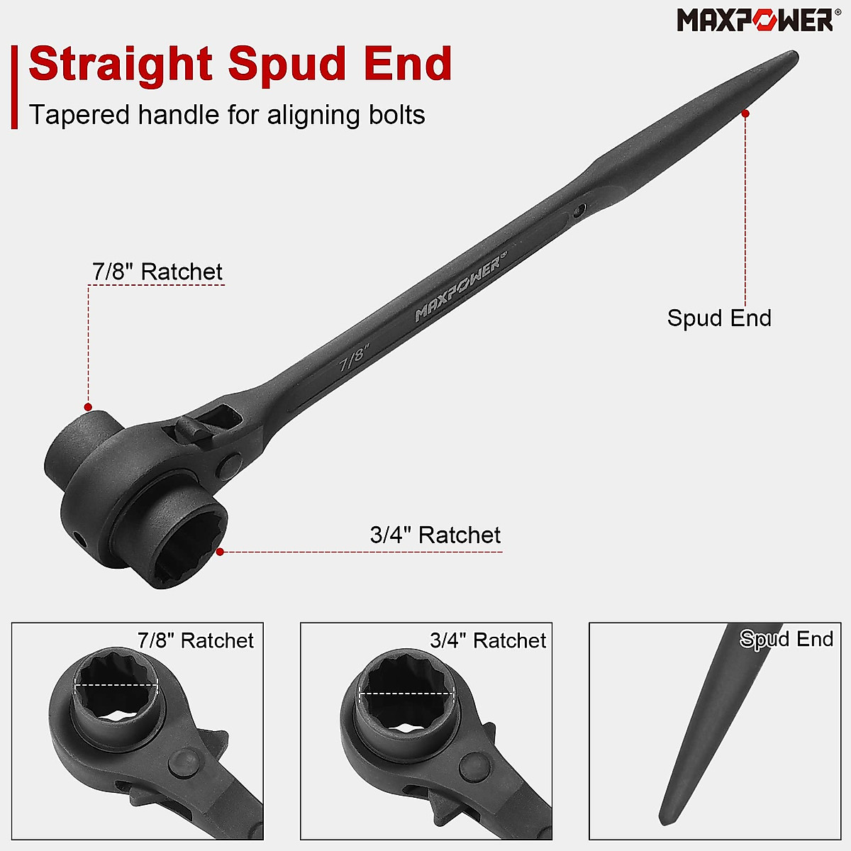 MAXPOWER 2 Pieces Spud Ratchet Set, 3/4 Inch x 7/8 Inch Dual Socket Spud Ratchet, 17mm x 19mm Metric Spud Ratchet Scaffold Wrench