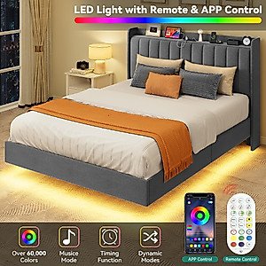 DWVO Floating Bed Frame Queen Size, LED Bed Frame with Charging Station & Hidden Legs, Upholstered Platform Bed with Bookcase Headboard, Robust Steel Structure & Easy Assembly, Grey