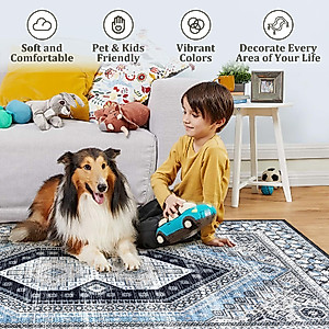 GarveeHome 8x10 Washable Area Rug Boho Living Room Rug Non-Slip Nursery Rug Low-Pile Retro Carpet Print Distressed Rug for for Laundry Dining Room Office, Blue/Grey