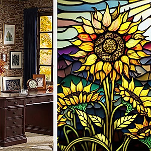 CREATIVE HOBBIES Window Privacy Film Sunflower Window Clings Stained Glass Window Film 78.7" x 17.3" Frosted Glass Window Decor Bathroom Window Coverings Static Cling Non-Adhesive