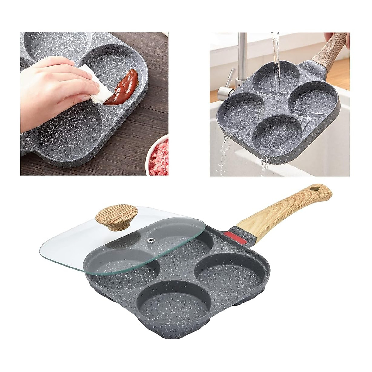 Juvenixs Egg Pan with flipping Lid - Nonstick Egg Frying Pan [4 Cup Cooker] - Egg Pans Nonstick for Induction & Gas Cooker - Brush & Scraper included - Egg Skillet for perfect Eggs, Omelet & Crepe