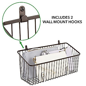mDesign Portable Metal Farmhouse Wall Decor Angled Storage Organizer Basket Bin for Hanging in Entryway, Mudroom, Bedroom, Bathroom, Laundry Room - Wall Mount Hooks Included, Large - 2 Pack - Bronze