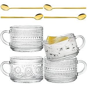 4 Pcs Vintage Glass Coffee Mugs 14 Oz Clear Embossed Tea Cups with 4 Pcs Spoons Stackable Drinking Glasses for Cappuccino Water Milk Yogurt Beverage Gift for Family and Friends