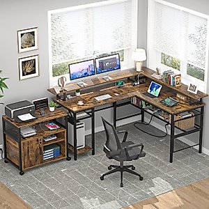 Unikito L Shaped Desk with LED Light and Power Outlet, Reversible Corner Computer Table with Monitor Stand and Storage Shelf, Modern L- Shaped Gaming Desk, Ergonomic Home Office Desk, Rustic Brown